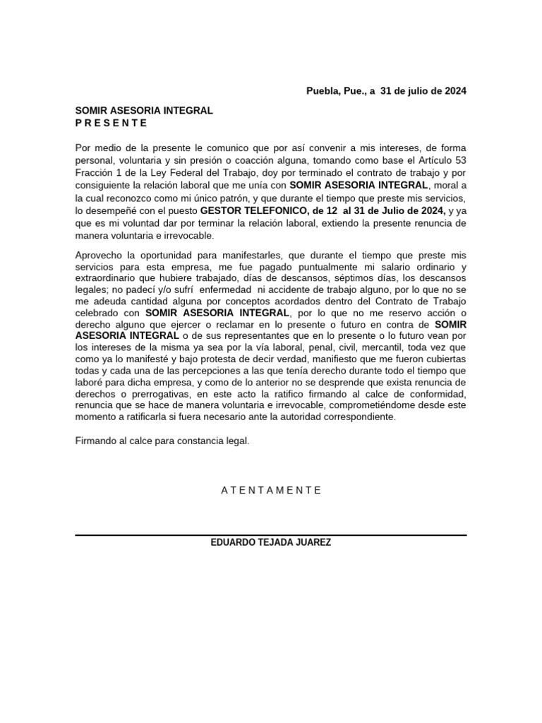 Carta Renuncia Somir | PDF