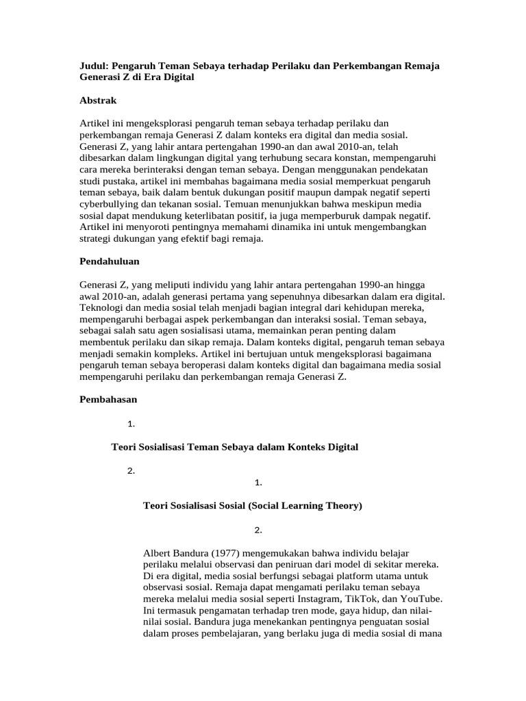 Pengaruh Teman Sebaya Terhadap Perilaku Dan Perkembangan Remaja Generasi Z Di Era Digital | PDF