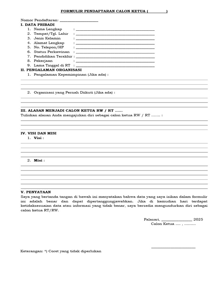 Form Pendaftaran Dan Pernyataan Calon Ketua RW Dan RT-1 | PDF