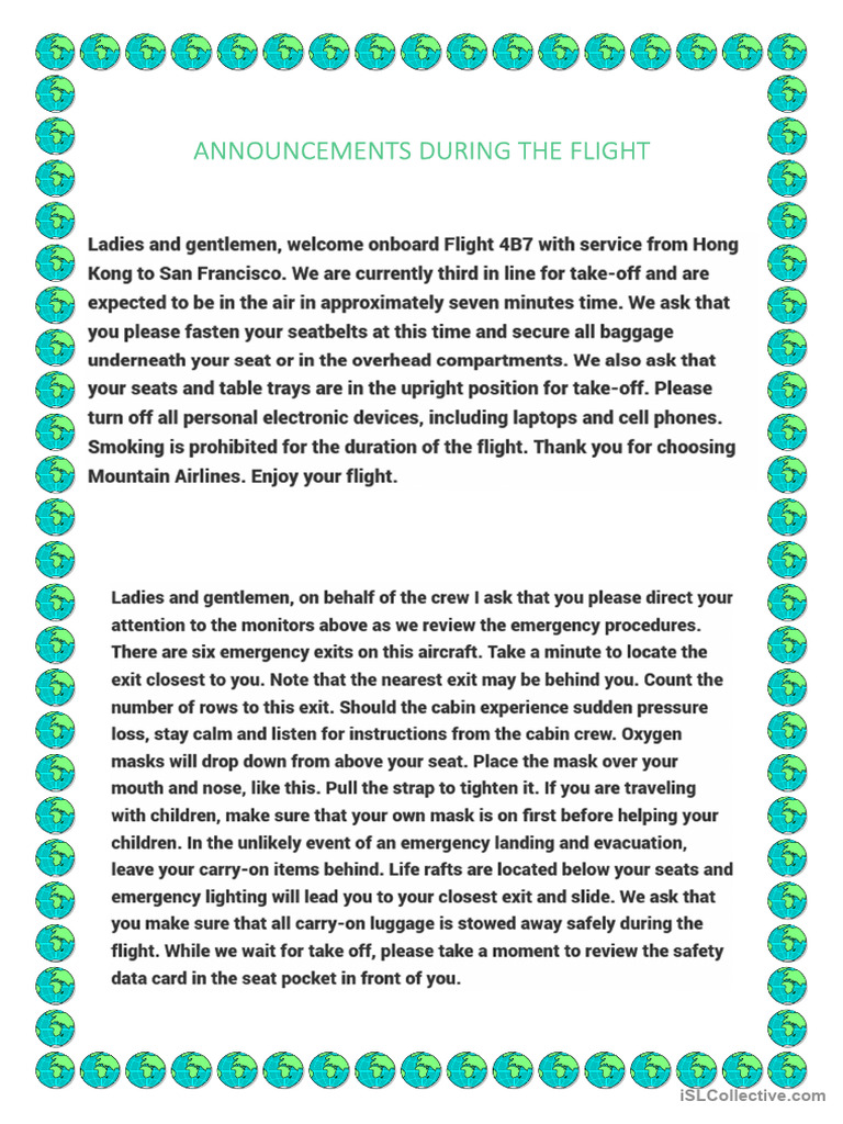 ANNOUNCEMENTS during a flight- Pilot and Flight Attendant | PDF