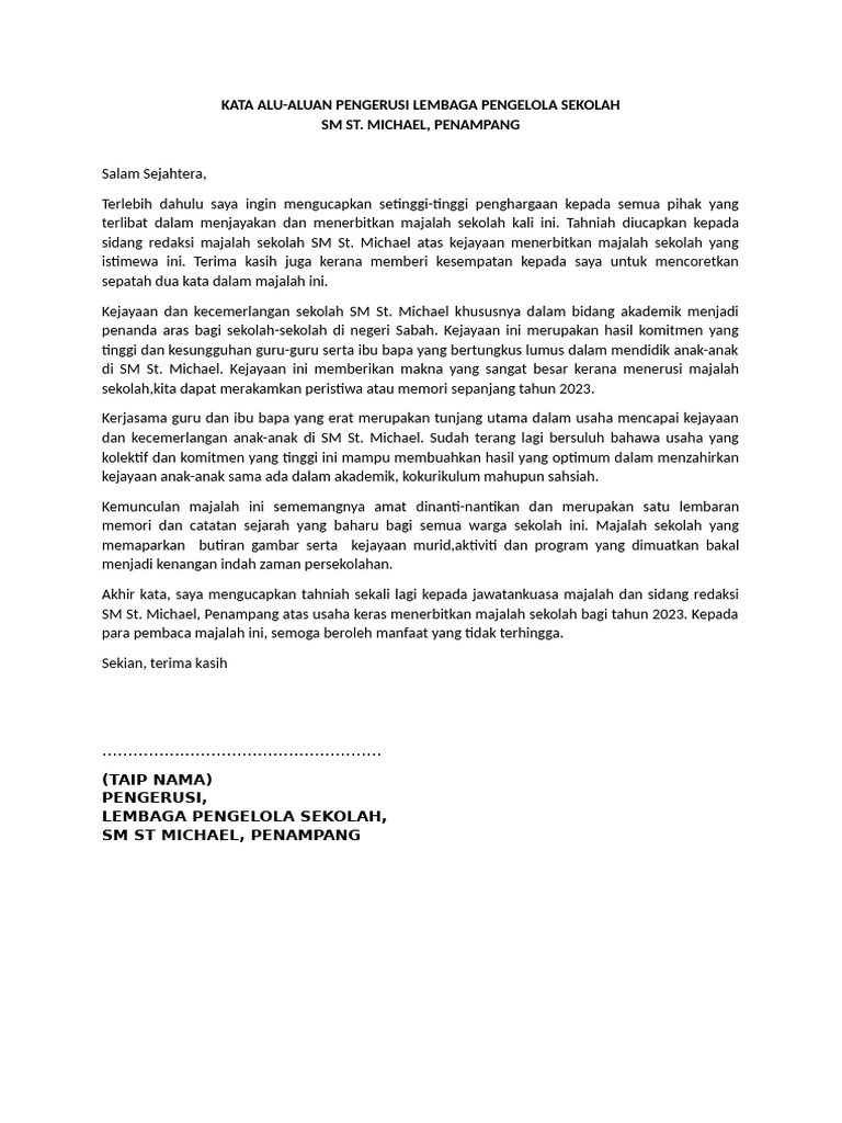 Kata Alu-Aluan Ketua Lembaga Sekolah SM ST Michael | PDF