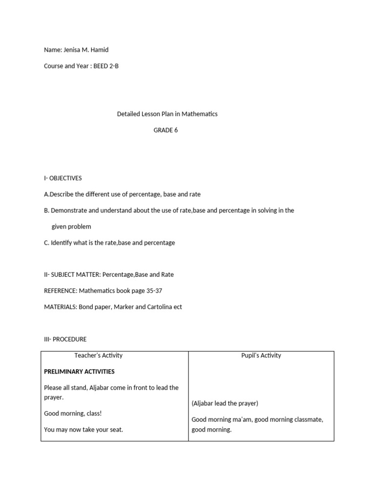 Lesson Plan | PDF | Percentage | Education Theory