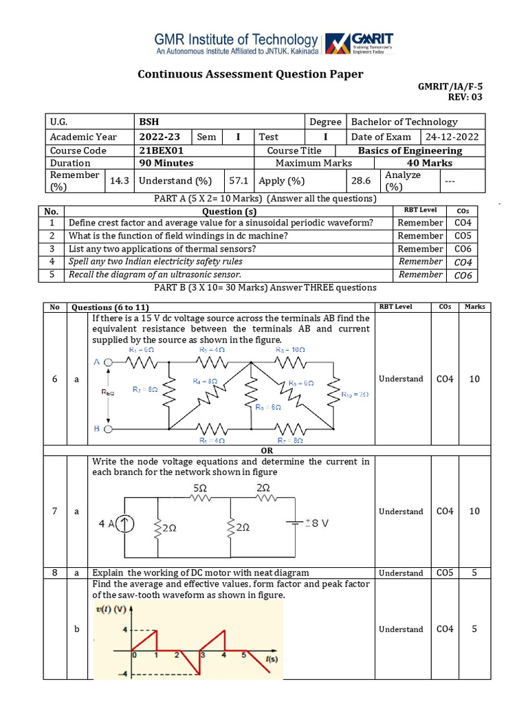 1st Btech 2022-23 BEE Ses-Q1 | PDF | Electrical Engineering | Electronic Engineering