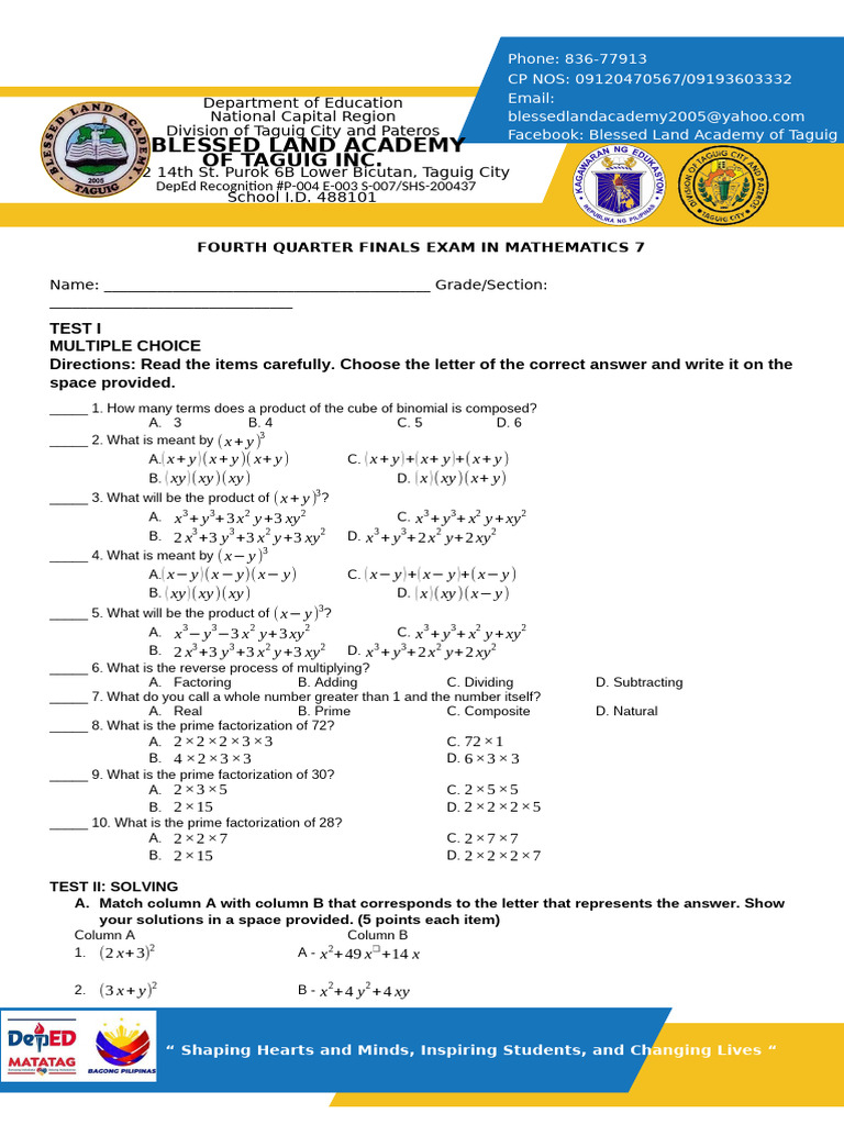 Math 7 Finals Exam: Binomials & Factors | PDF | Arithmetic | Mathematics