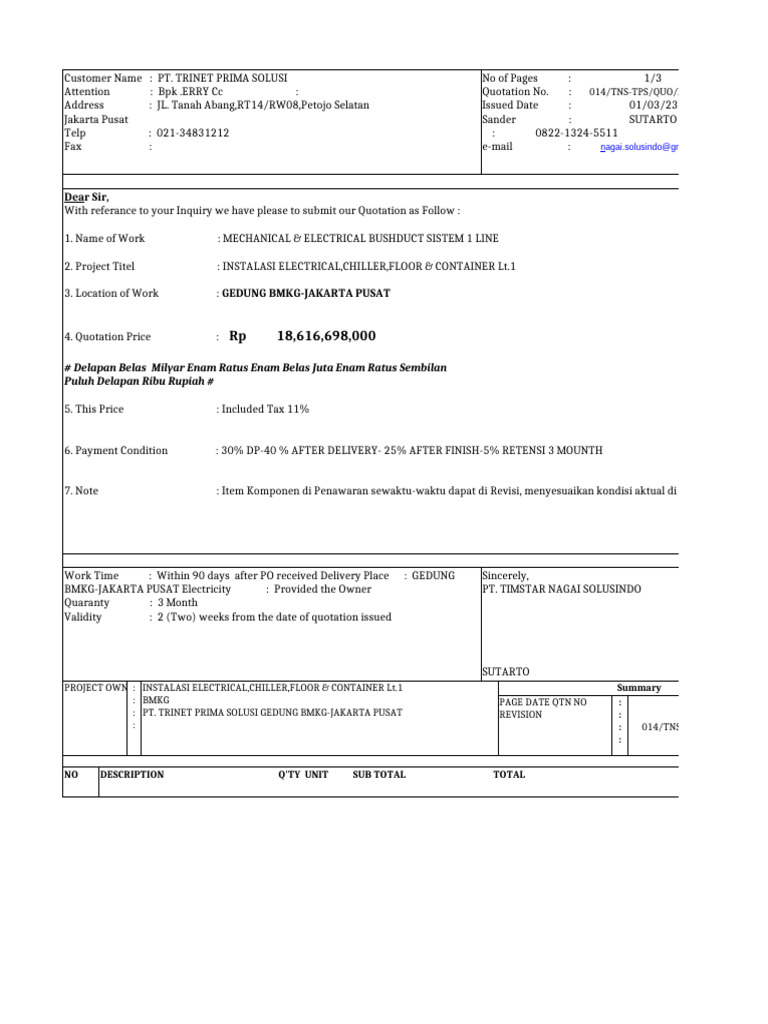 014-Quot - Me-Bushduct System 1 Line-Bmkg - PT - Trinet Prima Solusi ...