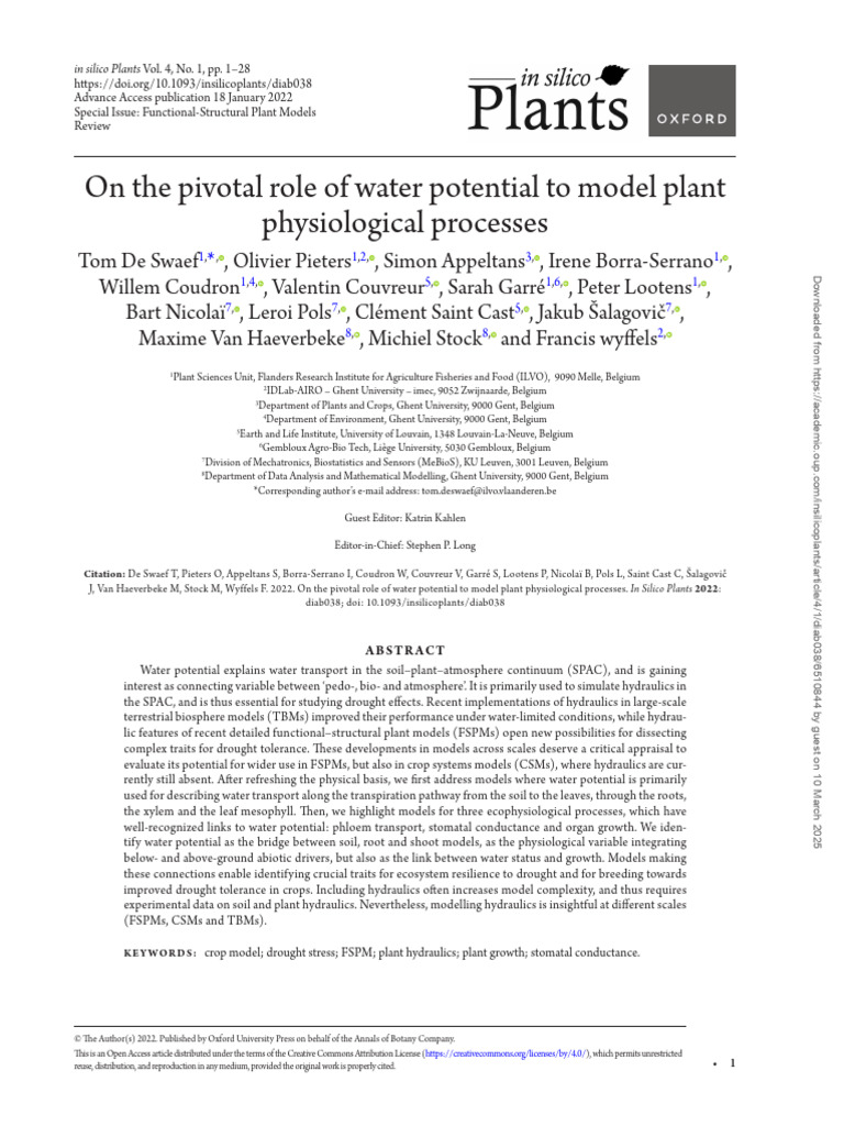 On The Pivotal Role of Water Potential To Model Plant Physiological ...