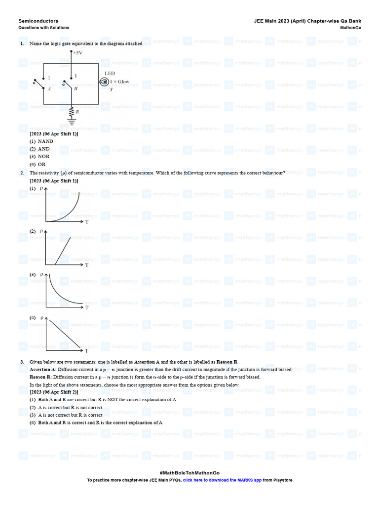 Semiconductors - JEE Main 2023 April Chapterwise PYQ - MathonGo | PDF ...
