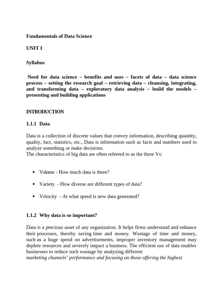 Fundamentals of Data Science unit 1 | PDF | Data Science | Machine Learning