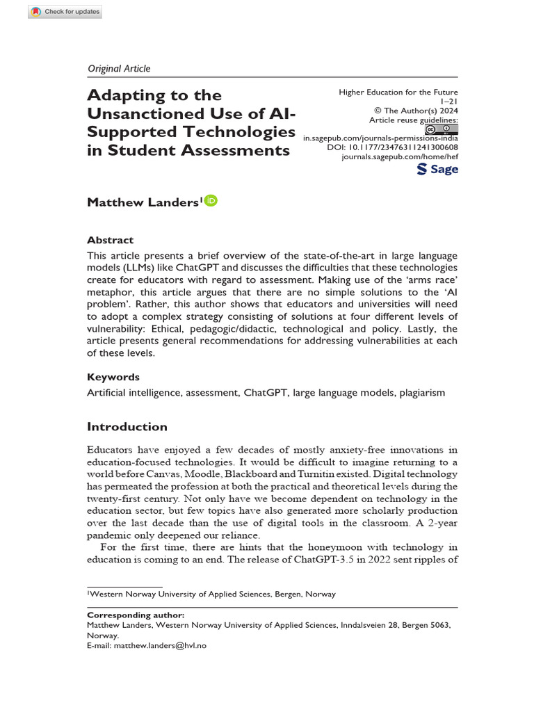Landers 2024 Adapting To The Unsanctioned Use of Ai Supported Technologies in Student ...