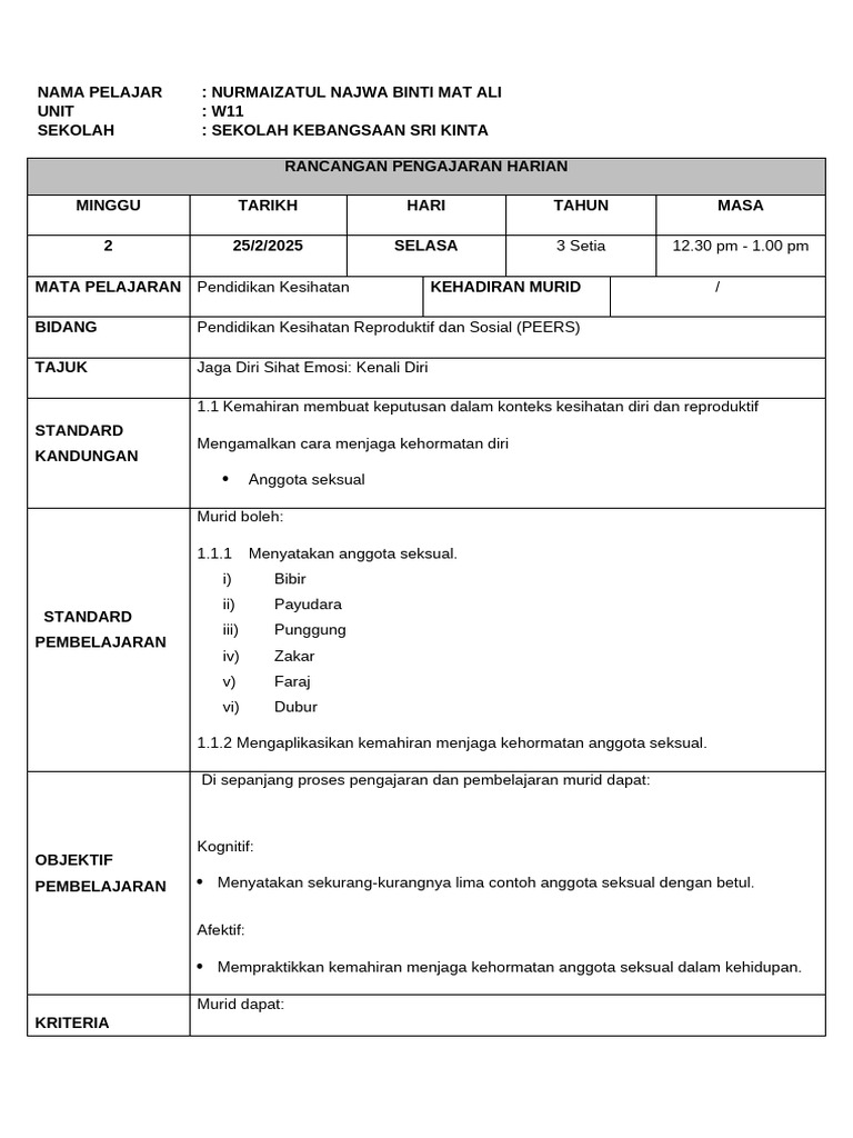 RPH PK Tahun 3 M1 | PDF