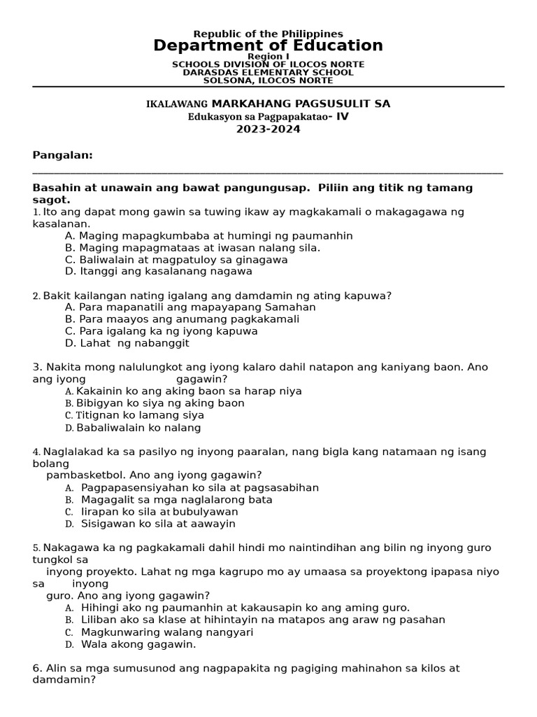 Q2 - ESP4 - Test Paper | PDF