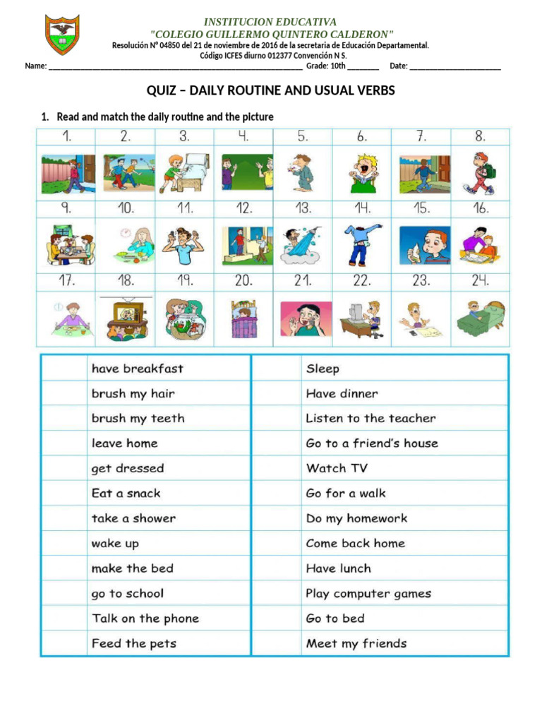 Quiz-.Daily Routines and Verbs | PDF