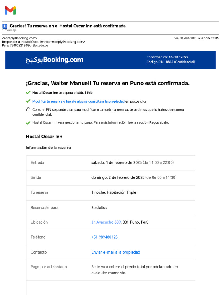 Confirmación de Reserva en Hostal Oscar Inn | PDF | Aplicación movil