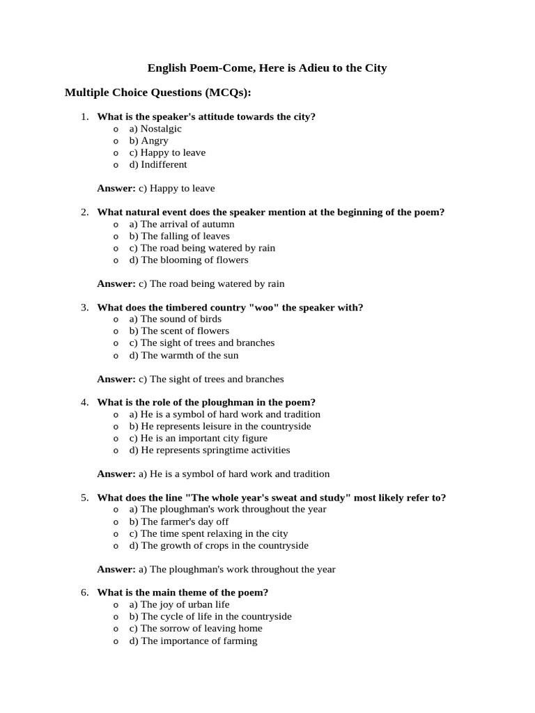 English Poem - Come, Here Is Adieu To The City | PDF | Harvest ...