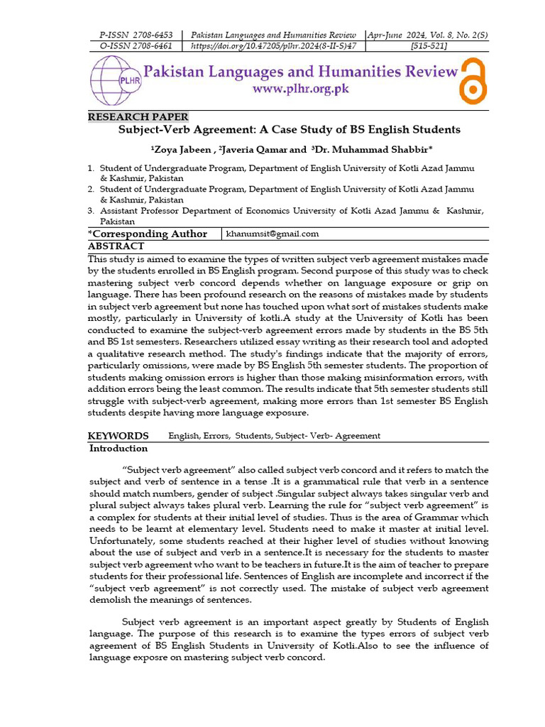 Subject-Verb Agreement: A Case Study of BS English Students: Research ...