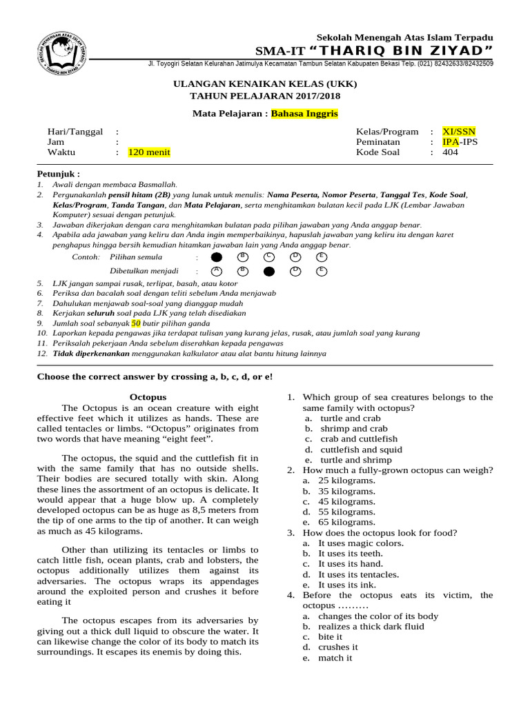 SOAL UKK XI SN IPA IPS | PDF | Octopus