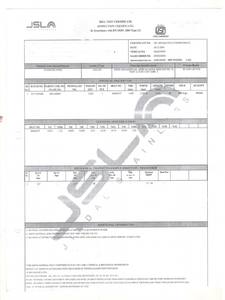 Mill Test Certificate - SS316L | PDF