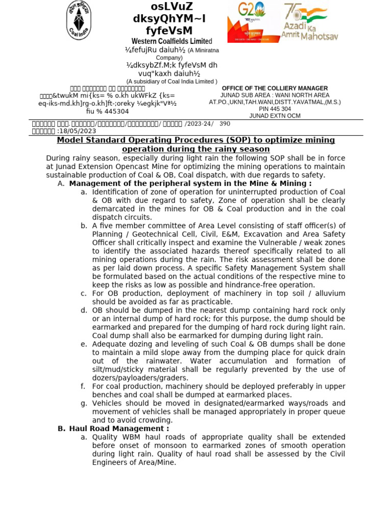 Model Standard Operating Procedures (SOP) To Optimize Mining Operation ...