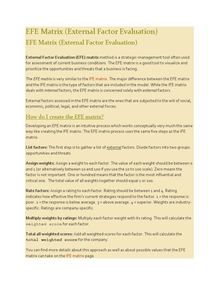 EFE Matrix: Assessing External Factors | PDF | Weighted Arithmetic Mean ...