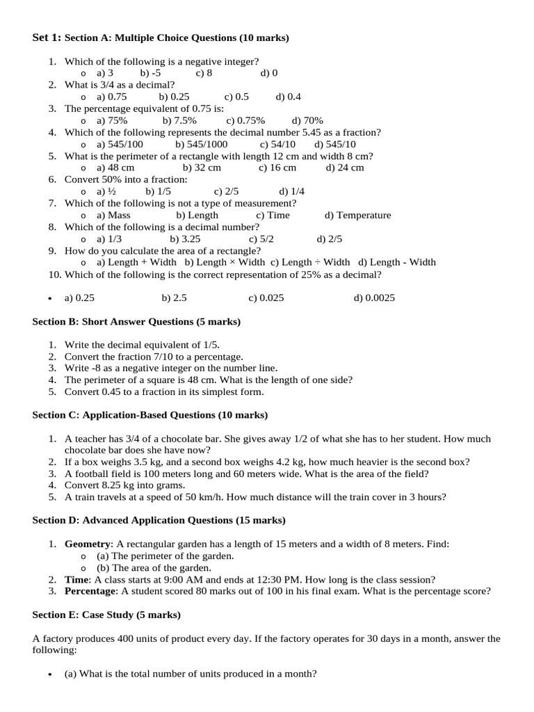 Math Questions and Answers Set 1 & 2 | PDF | Area | Length