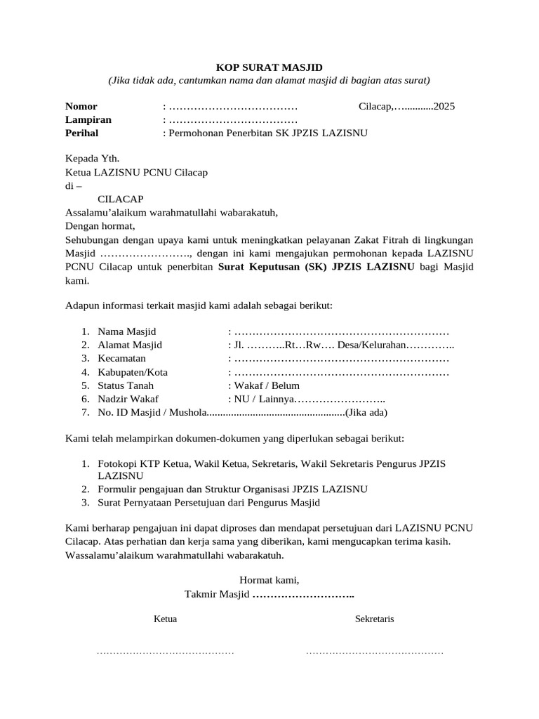 Form Permohonan JPZIS LAZISNU MASJID Fix Ok | PDF