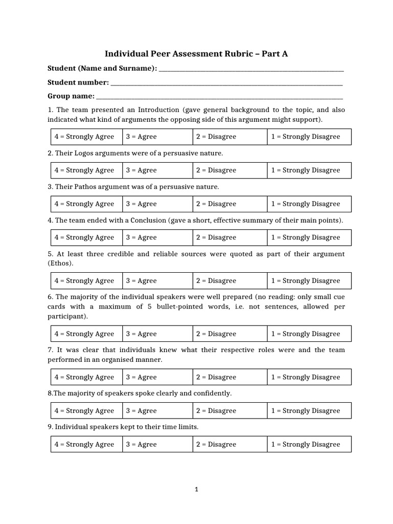 Individual Peer Assessment Rubric - SM - 2023 | PDF