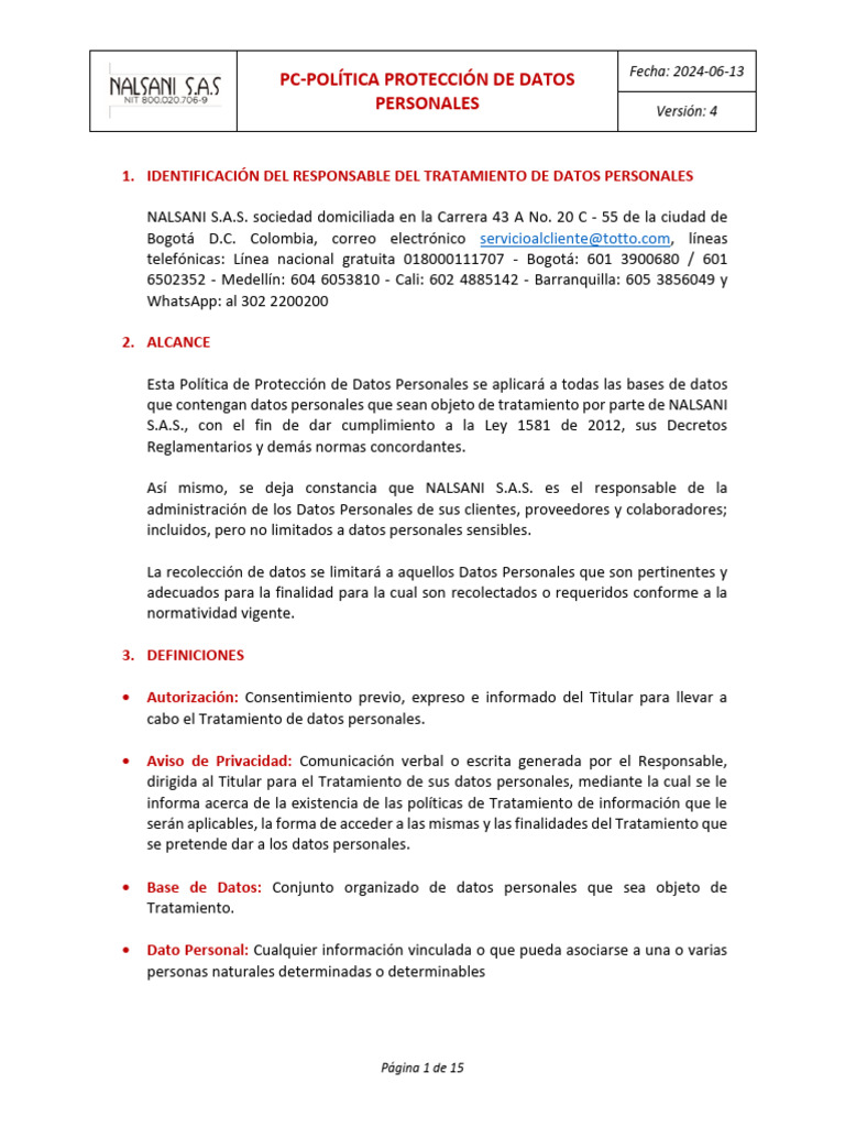 Política de Protección de Datos NALSANI | PDF | Información | Bases de ...