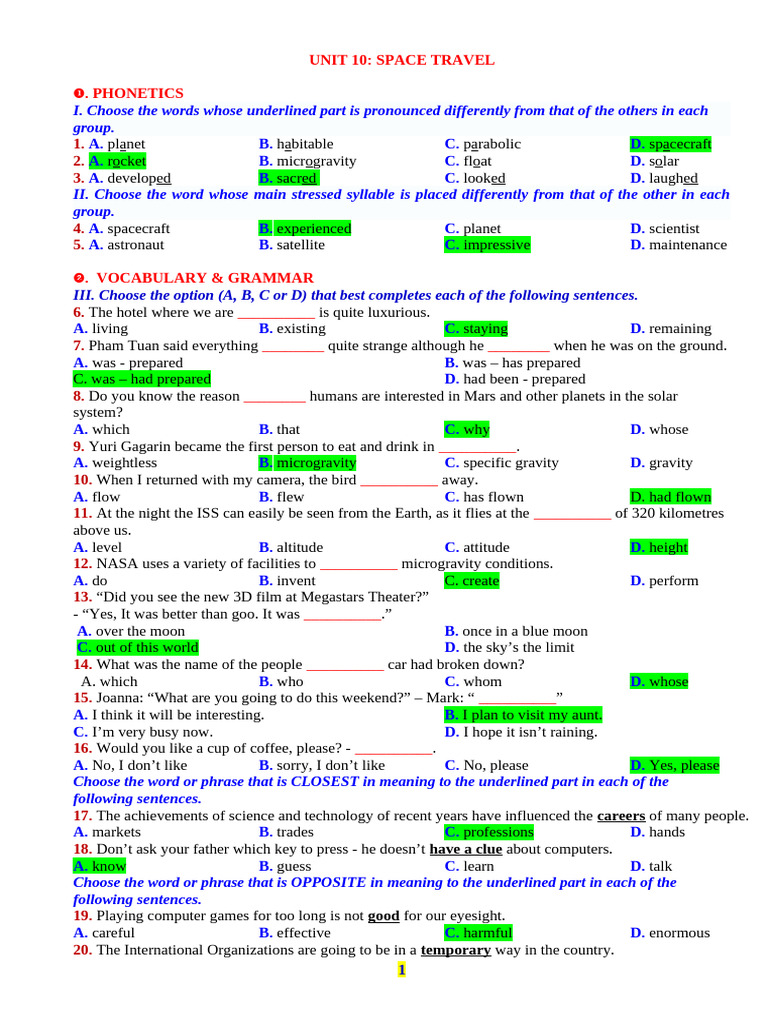Bài tập trắc nghiệm anh 9 mới E9.Unit 10.TN.NQT.2021 | PDF | Weightlessness | International ...