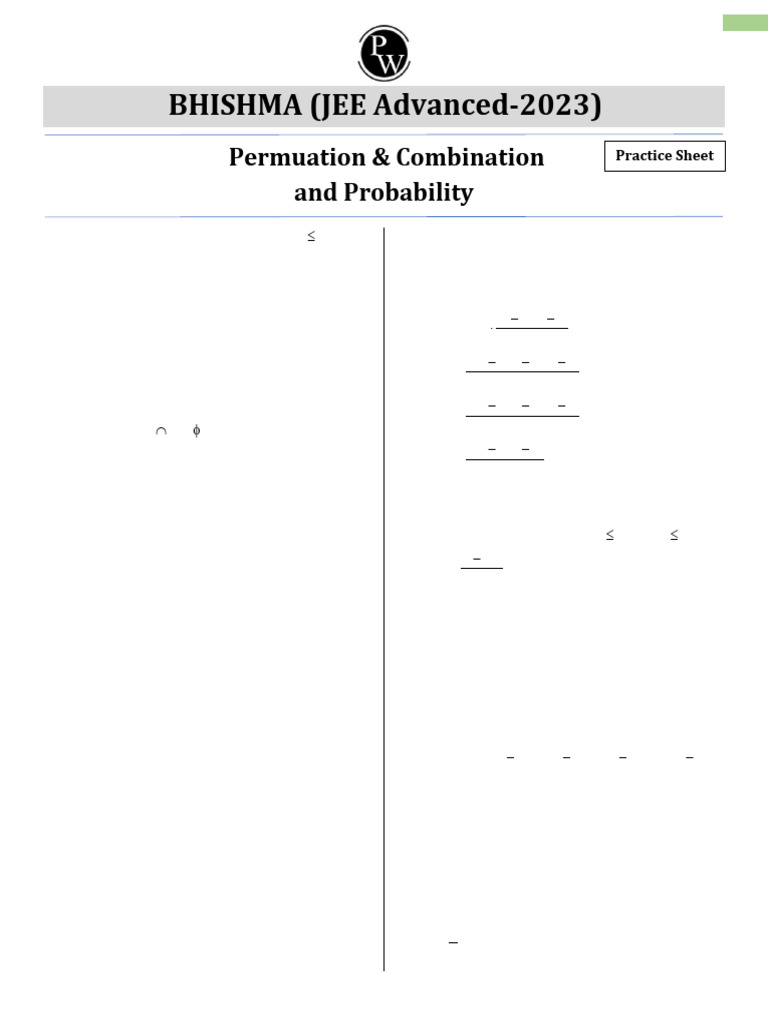 Permutation & Combination and Probability _ Practice Sheet || Bhishma JEE Advanced 2023 | PDF ...