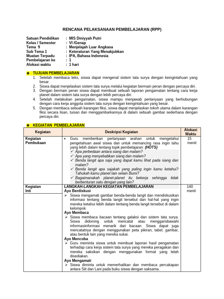 RPP Tema 9 Subtema 1 | PDF