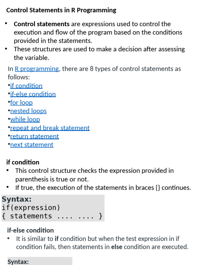 Lect-11 Contorl and Decision Making Statement in R | PDF | Control Flow | Programming Paradigms