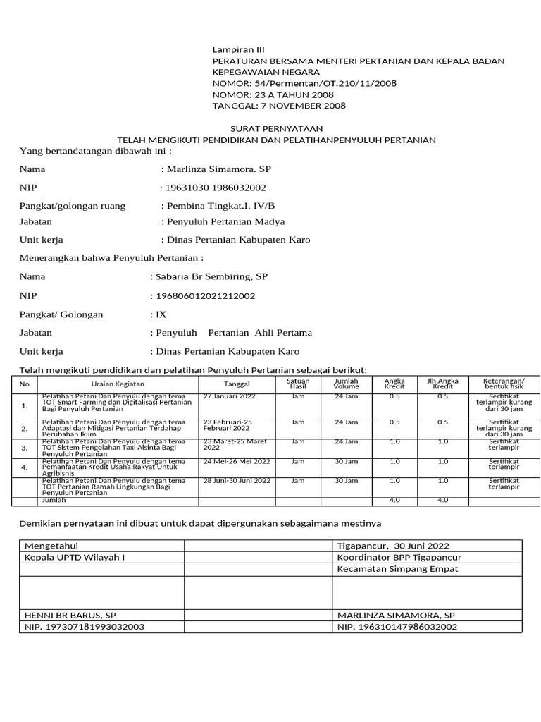 Contoh Rekap DUPAKLampiran III Dupak Marlinza Benar 2014 | PDF