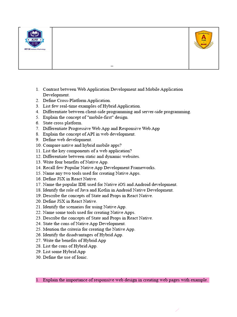 Question Bank - App Development | PDF | Mobile App | Cross Platform ...