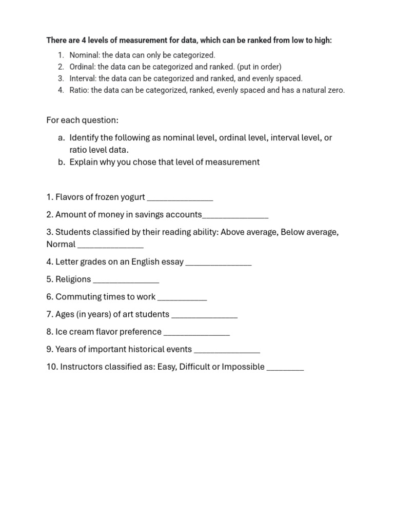 Chapter 1 Review Levels of Measurement | PDF