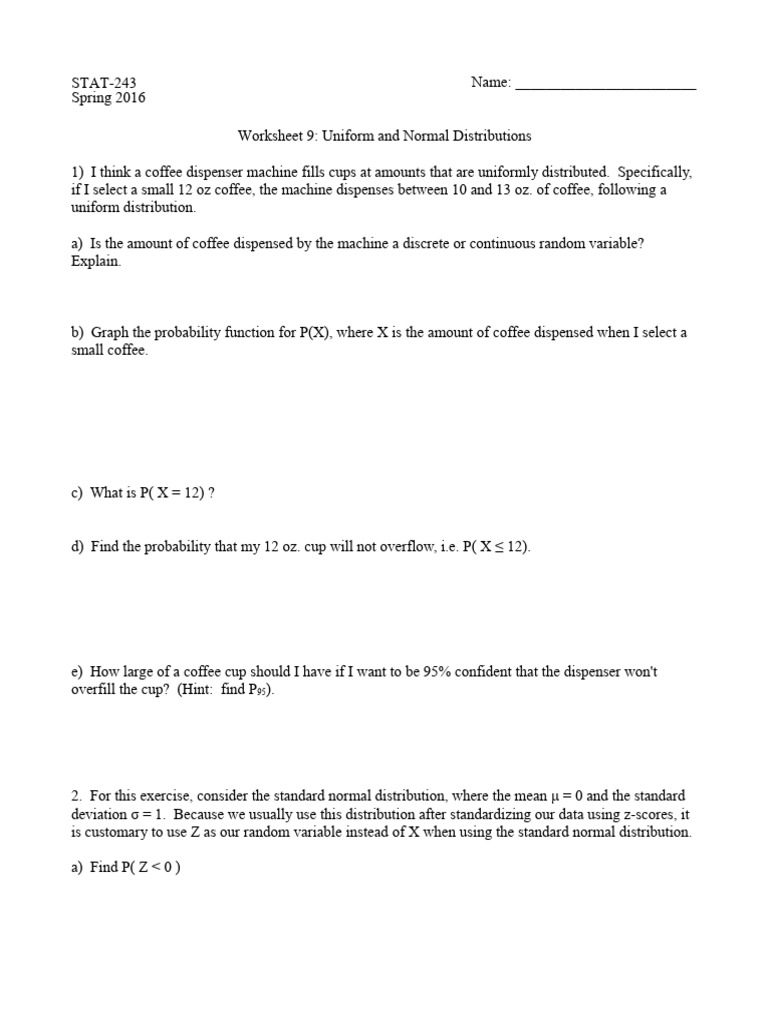 Uniform and Normal Distribution Worksheet | PDF | Normal Distribution ...