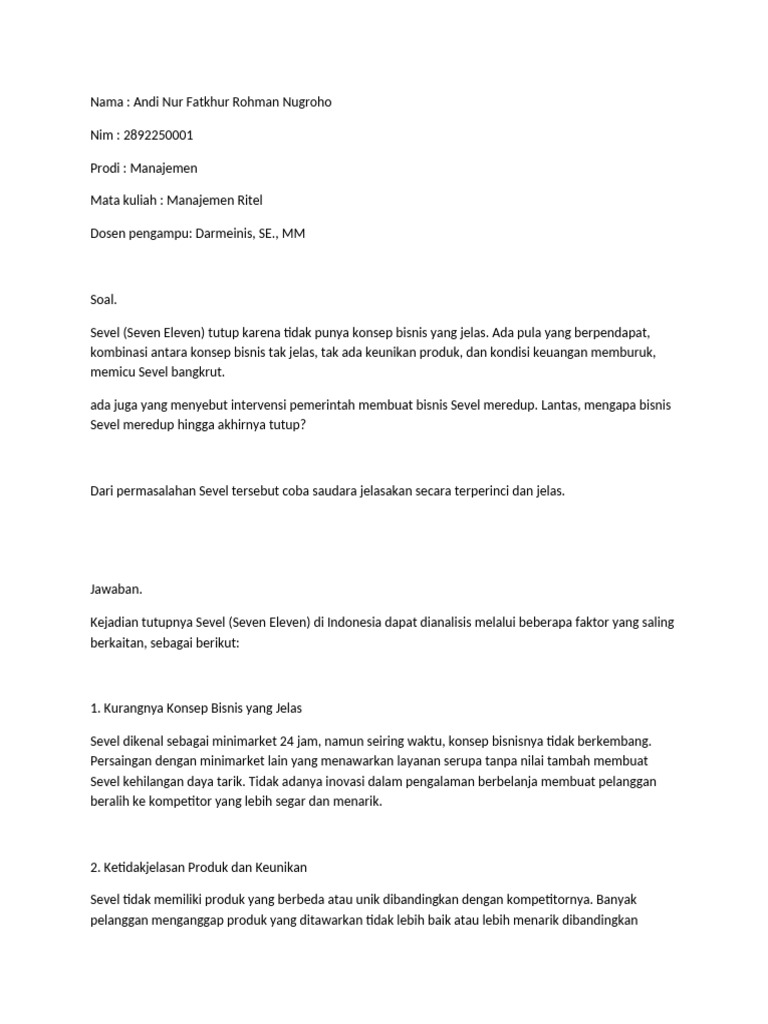 Andi Nur Fatkhur Rohman Nugroho 2892250001 Manajemen Manajemen Ritel | PDF