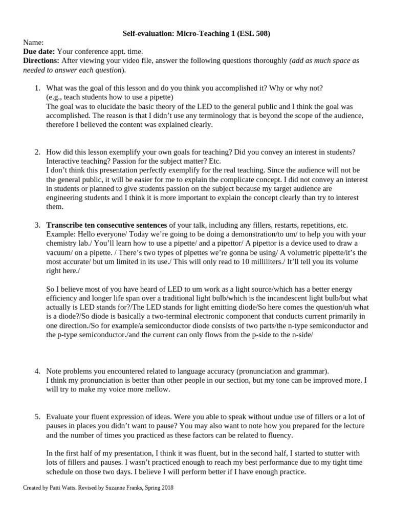 Self Evaluation Form Micro 1 | PDF | Light Emitting Diode | Human ...