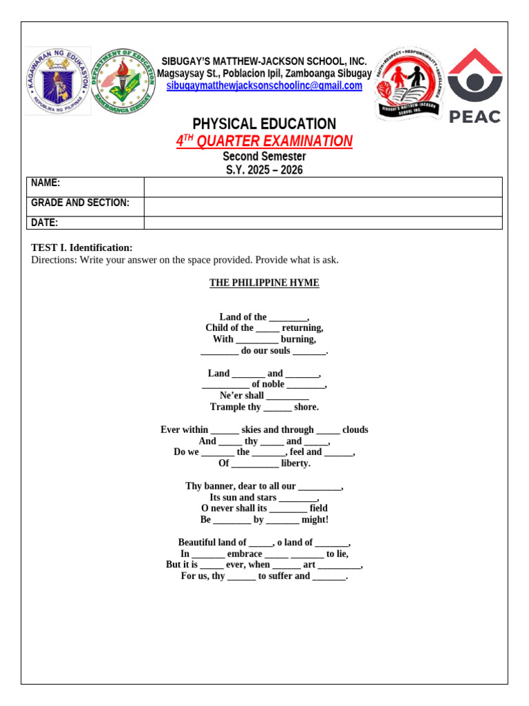 4 Quarter Examination: Physical Education | PDF