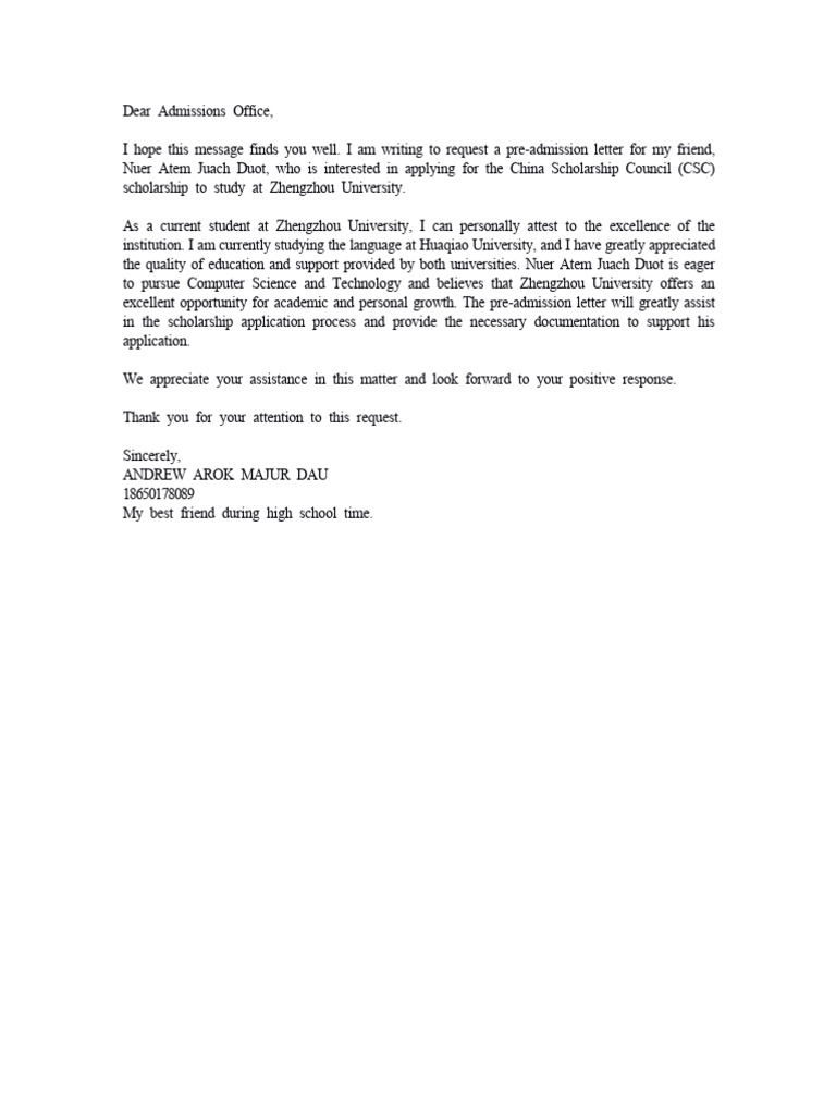Request for Pre-Admission Letter | PDF
