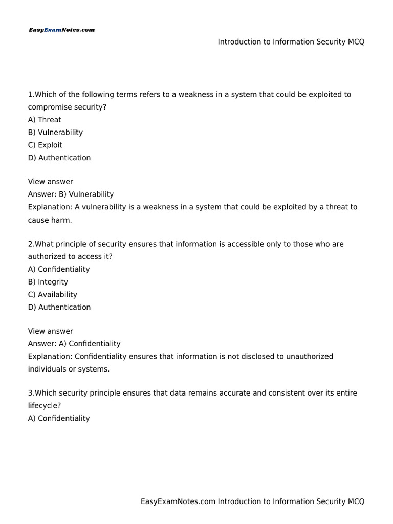 Introduction To Information Security MCQ | PDF | Information Security | Cryptography