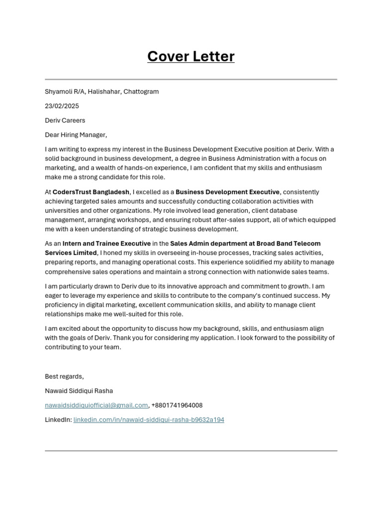 Nawaid Siddiqui Rasha Cover Letter for Deriv | PDF