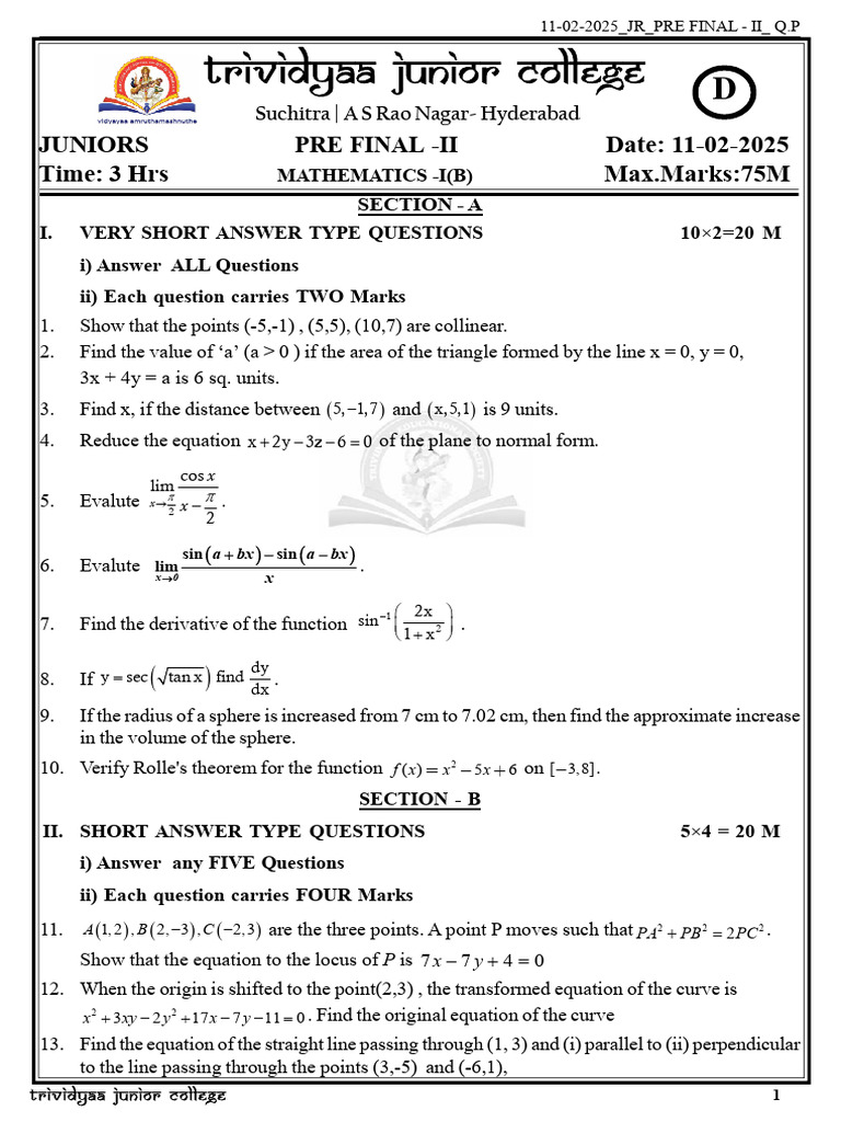 04-01-25 PF-1 Maths - 1B Set - D | PDF | Geometric Shapes | Mathematics