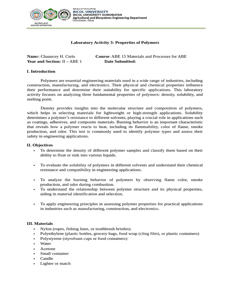 ABE 15 - Laboratory Activity 3 - Polymers PROPERTIES OF POLYMERS 1 | PDF | Polymers | Polystyrene