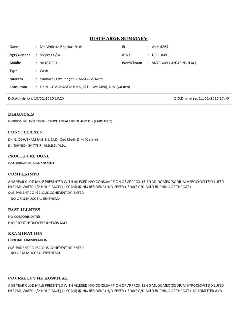 Discharge Summary: Corrosive Ingestion Case | PDF | Medical Specialties ...