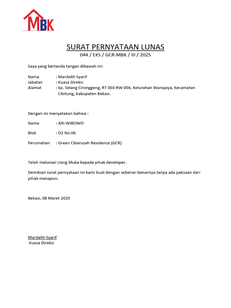 Surat Pernyataan Lunas D2 no 06 | PDF