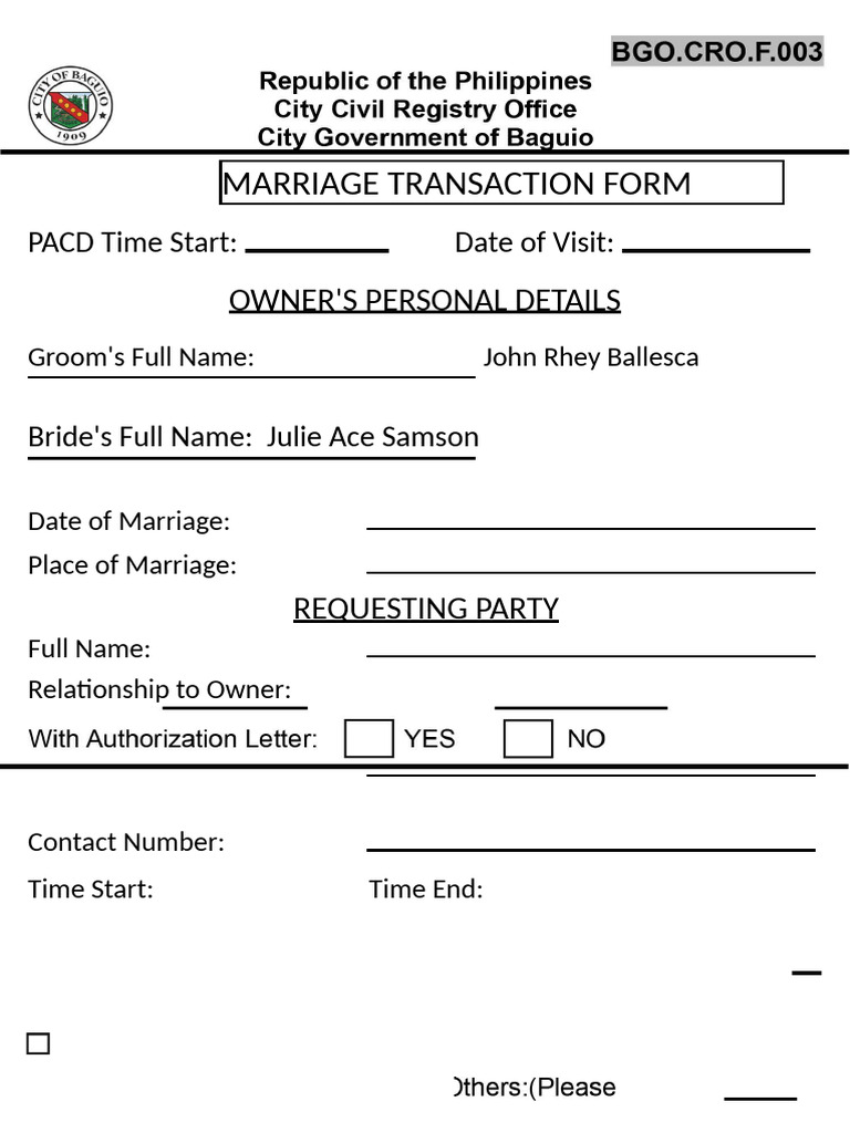 Marriage Transaction Form | PDF