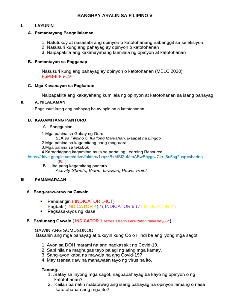 Filipino 5 Katotohanan o Opinyon DLL - COT2 | PDF