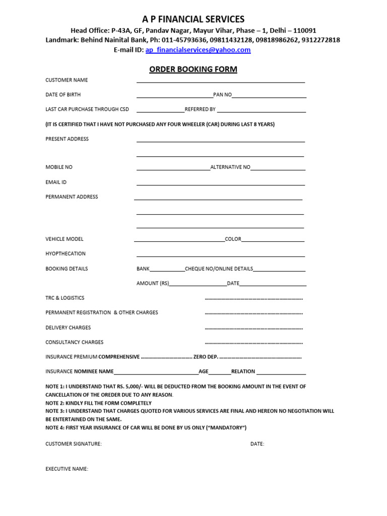 Order Booking Form for Vehicle Purchase | PDF