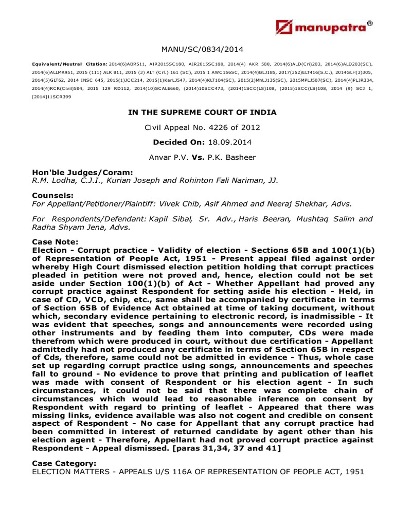 Anvar_PV_vs_PK_Basheer_18092014__SCs140825COM513610 | PDF | Burden Of ...