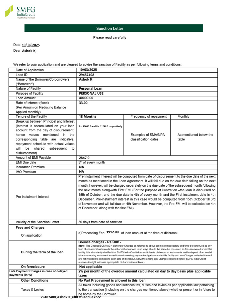 277767480070 Loan Sanction-letter With Kfs | PDF | Loans | Interest